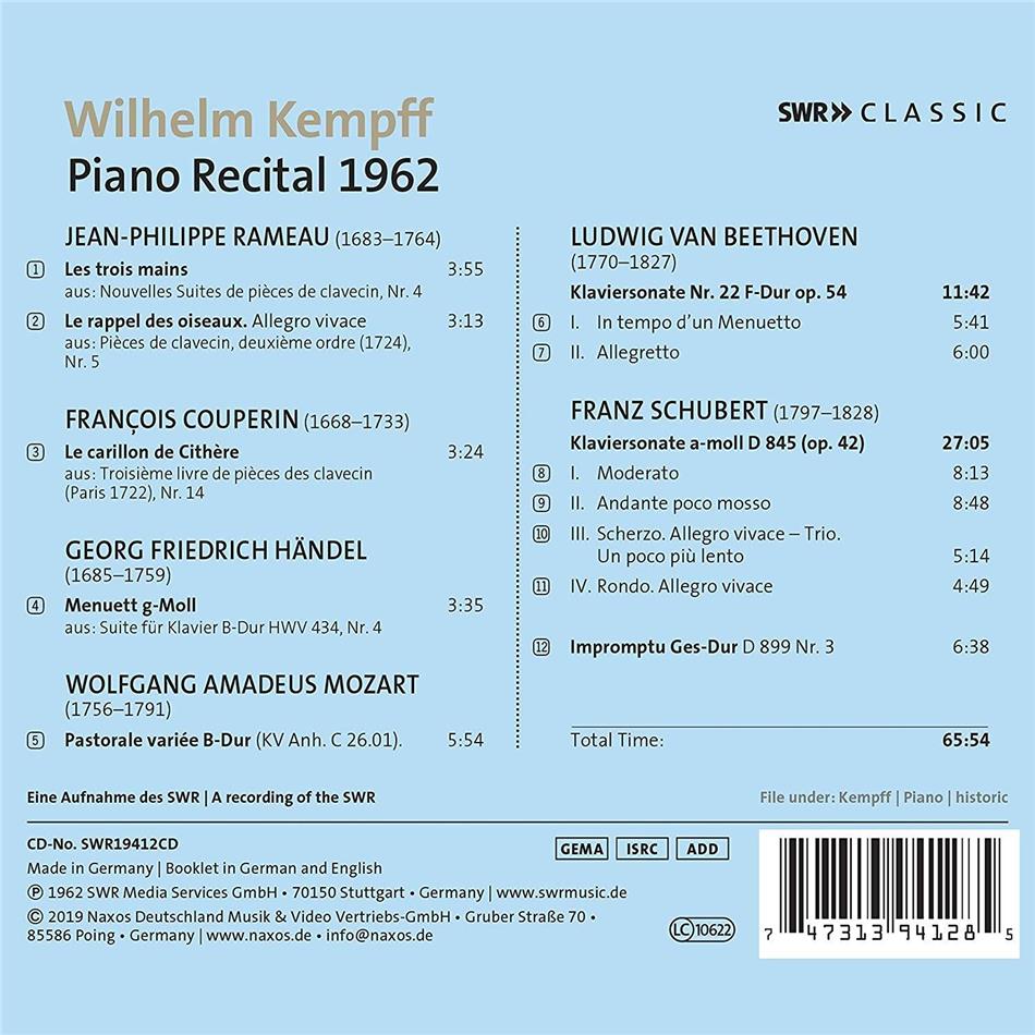 Kempff: Piano Recital 1962 von Wilhelm Kempff, Jean-Philippe Rameau ...